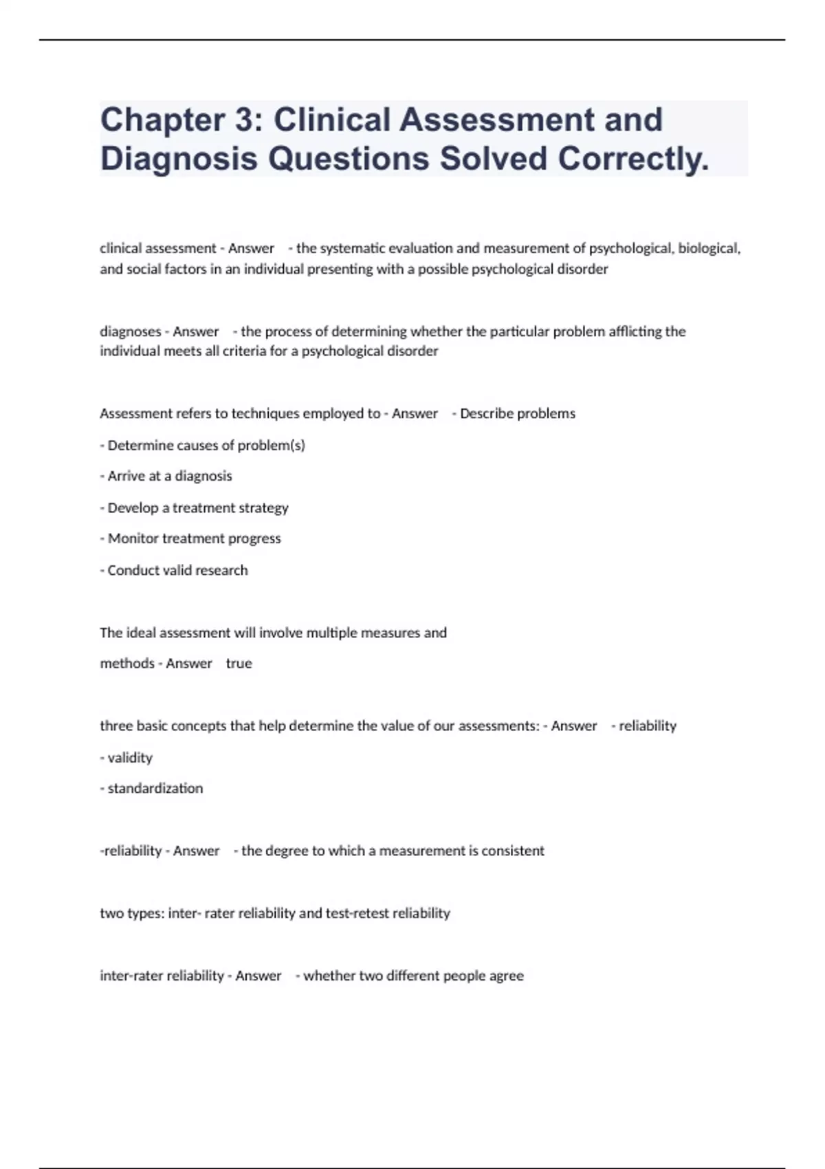 Chapter 3: Clinical Assessment and Diagnosis Questions Solved Correctly ...