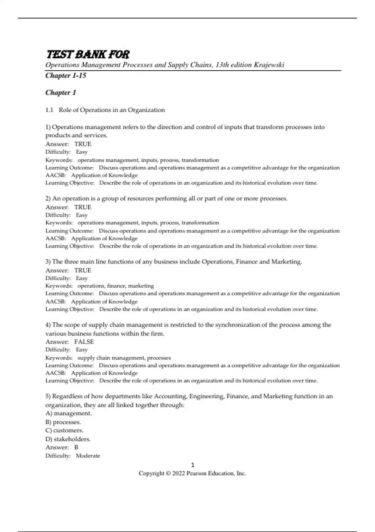 Test Bank for Operations Management Processes and Supply Chains, 13th ...