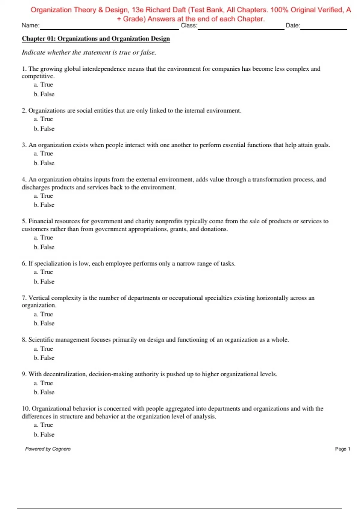 Test Bank for Organization Theory & Design 13th Edition By Richard Daft ...