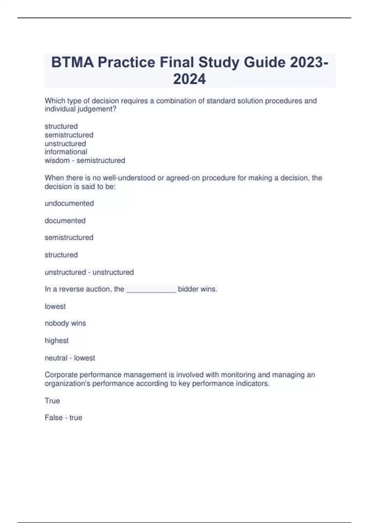 BTMA Practice Final Study Guide - BTMA - Stuvia US