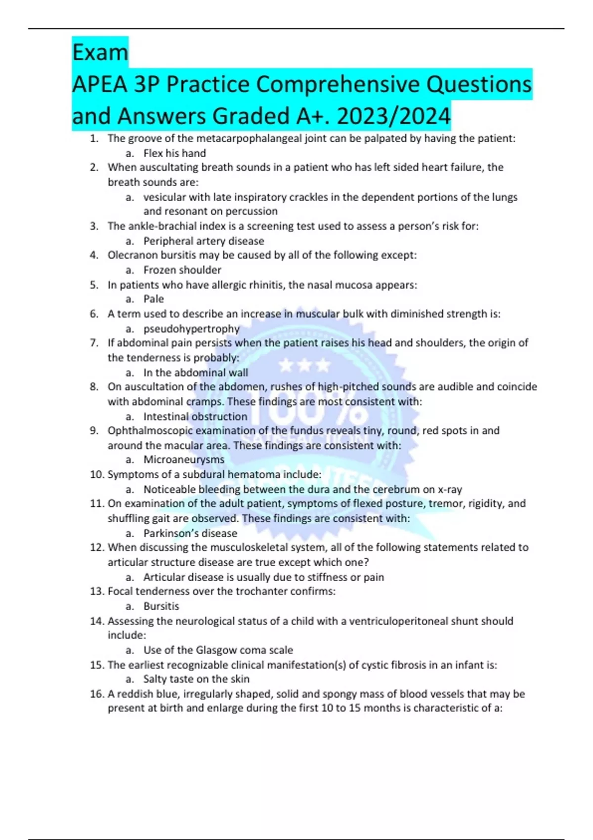 Exam APEA 3P Practice Comprehensive Questions and Answers Graded A+ ...