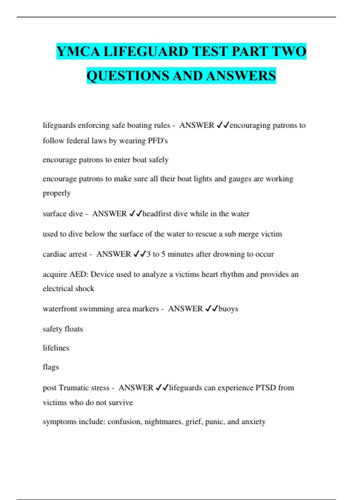 YMCA LIFEGUARD TEST PART TWO QUESTIONS AND ANSWERS - YMCA Lifeguarding ...