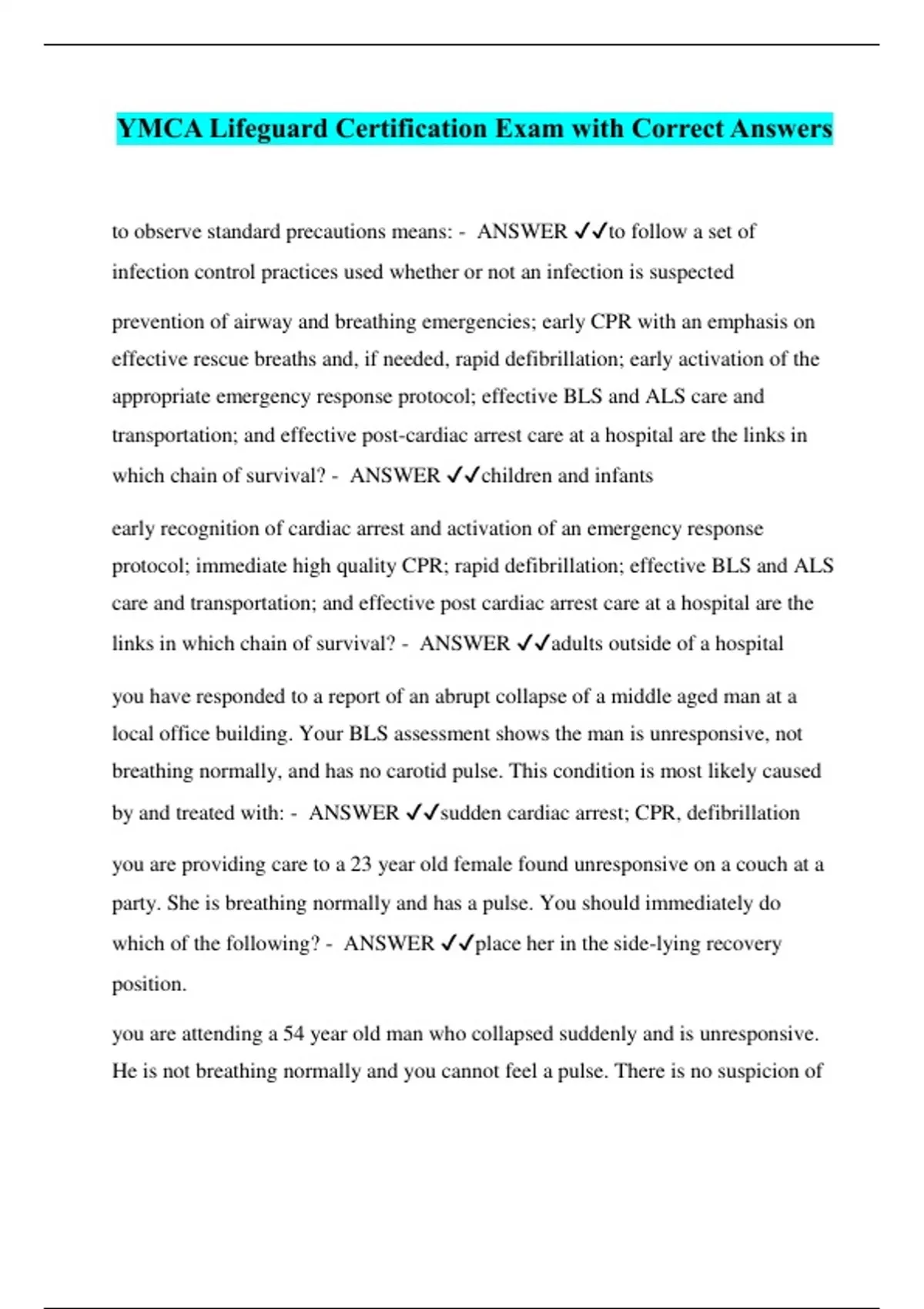 YMCA Lifeguard Certification Exam with Correct Answers - Stuvia US