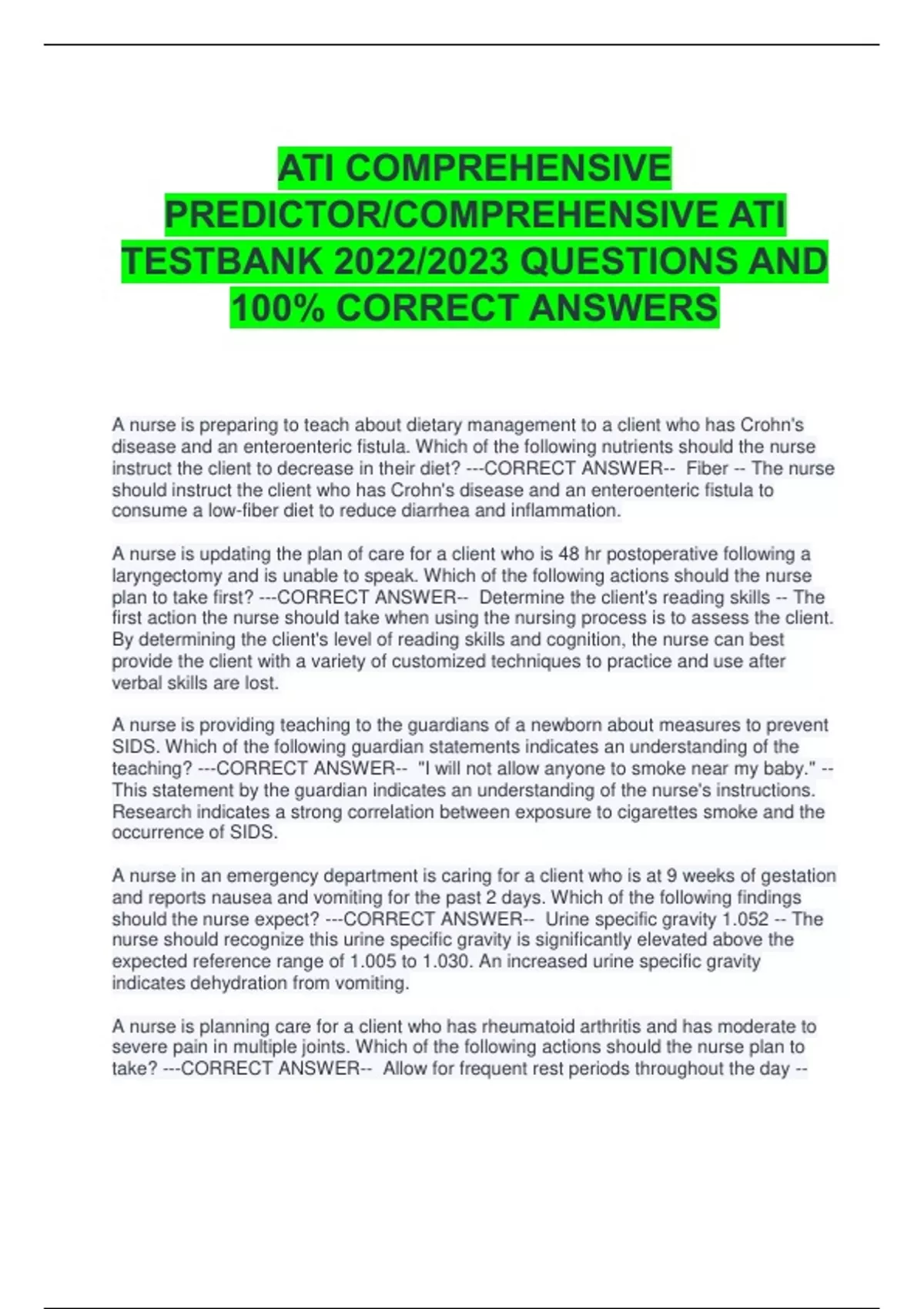 ATI COMPREHENSIVE PREDICTOR EXAM (Version1 TO Version 10,UPDATED 2022 ...