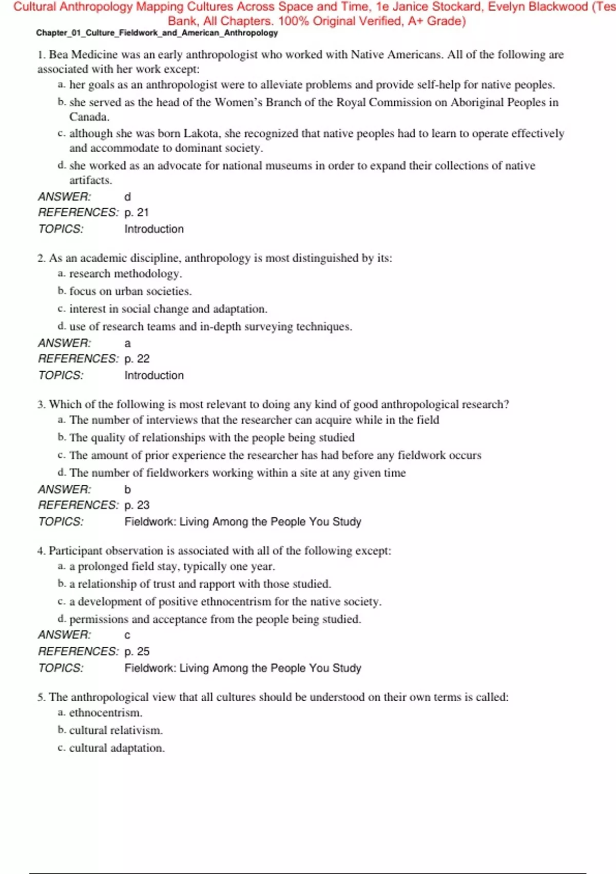 Test Bank Cultural Anthropology Mapping Cultures Across Space and Time ...