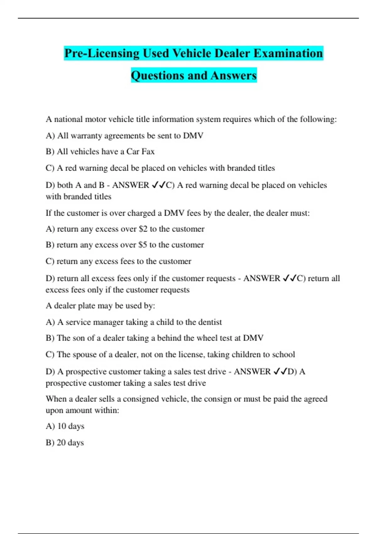 Pre-Licensing Used Vehicle Dealer Examination Questions and Answers ...