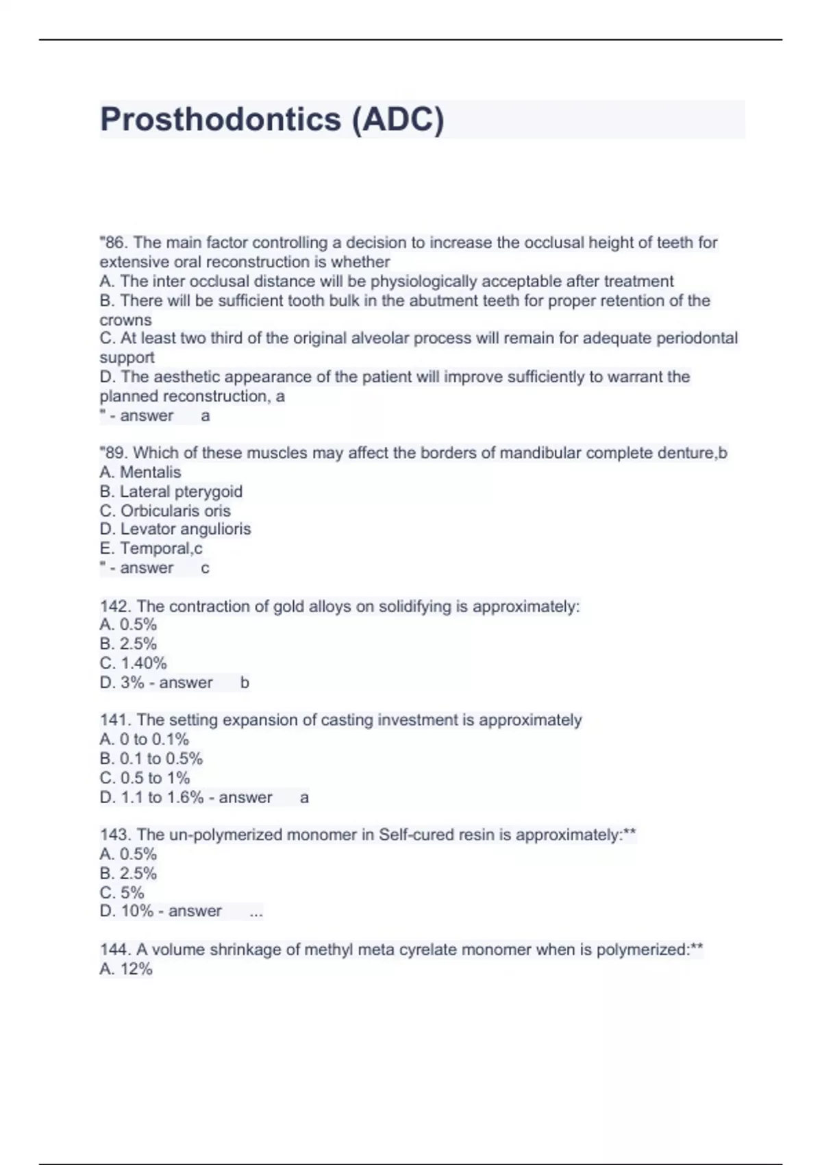 Prosthodontics (ADC) Questions with solutions 2023 - ADC - Stuvia US