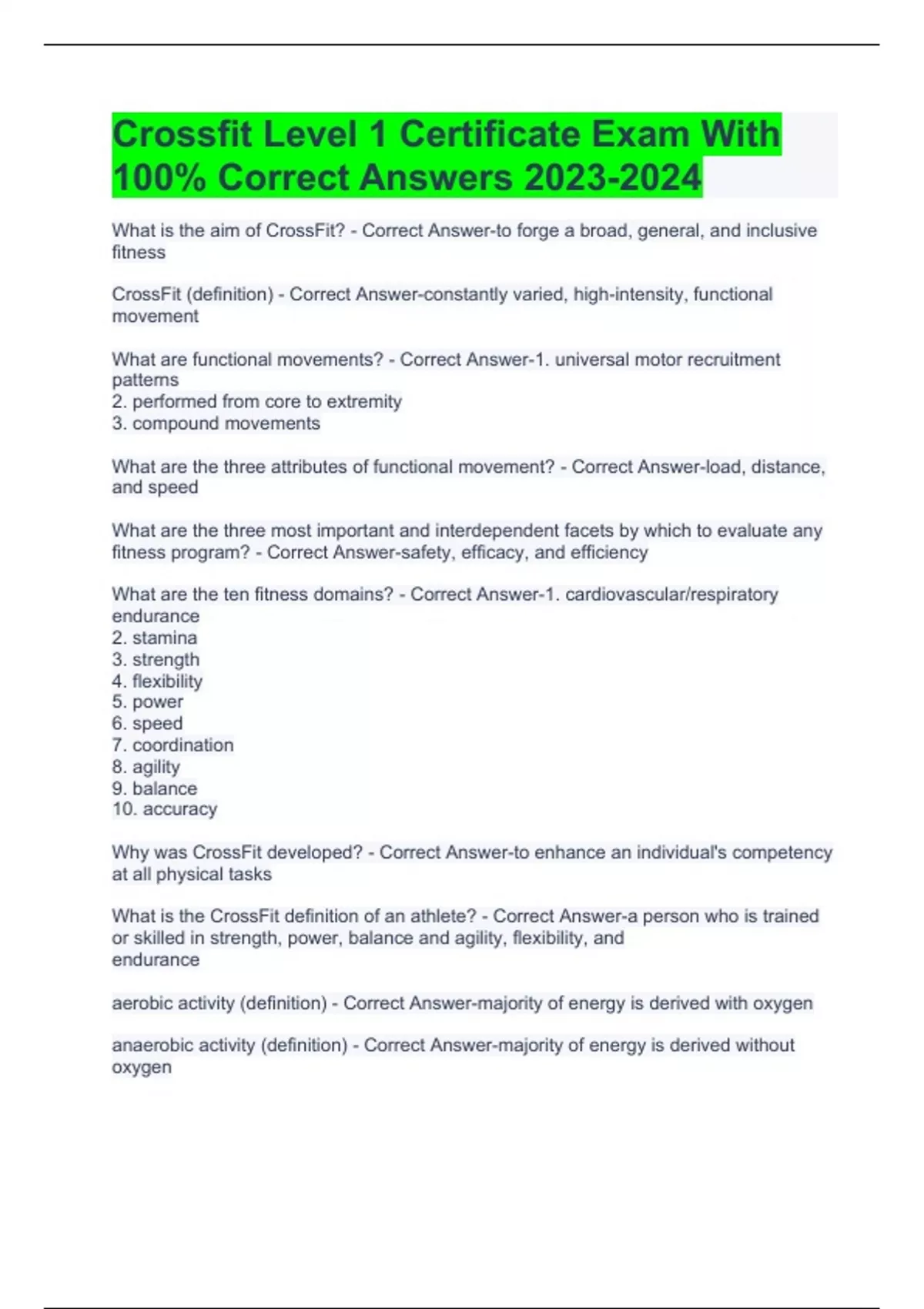 Crossfit Level 1 Certificate Exam With 100% Correct Answers - Crossfit ...