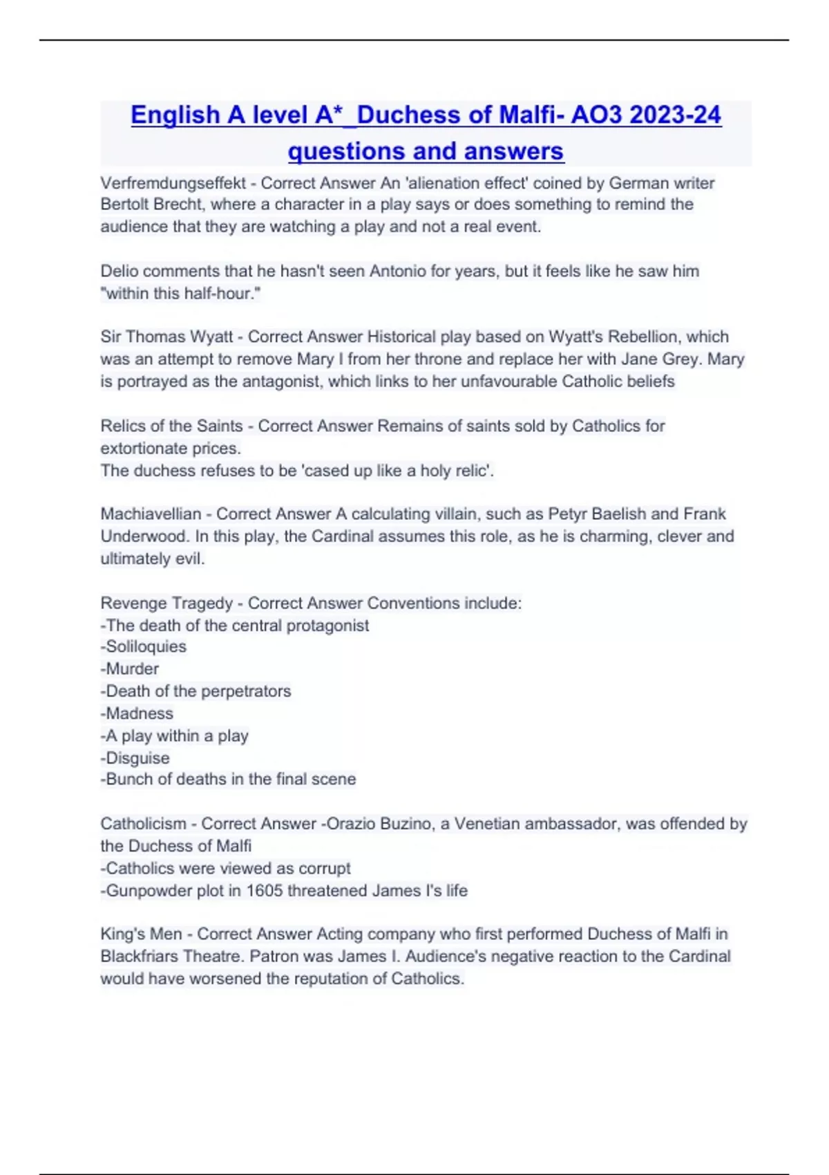 English A level A*_Duchess of Malfi- AO3 2023-24 questions and answers ...