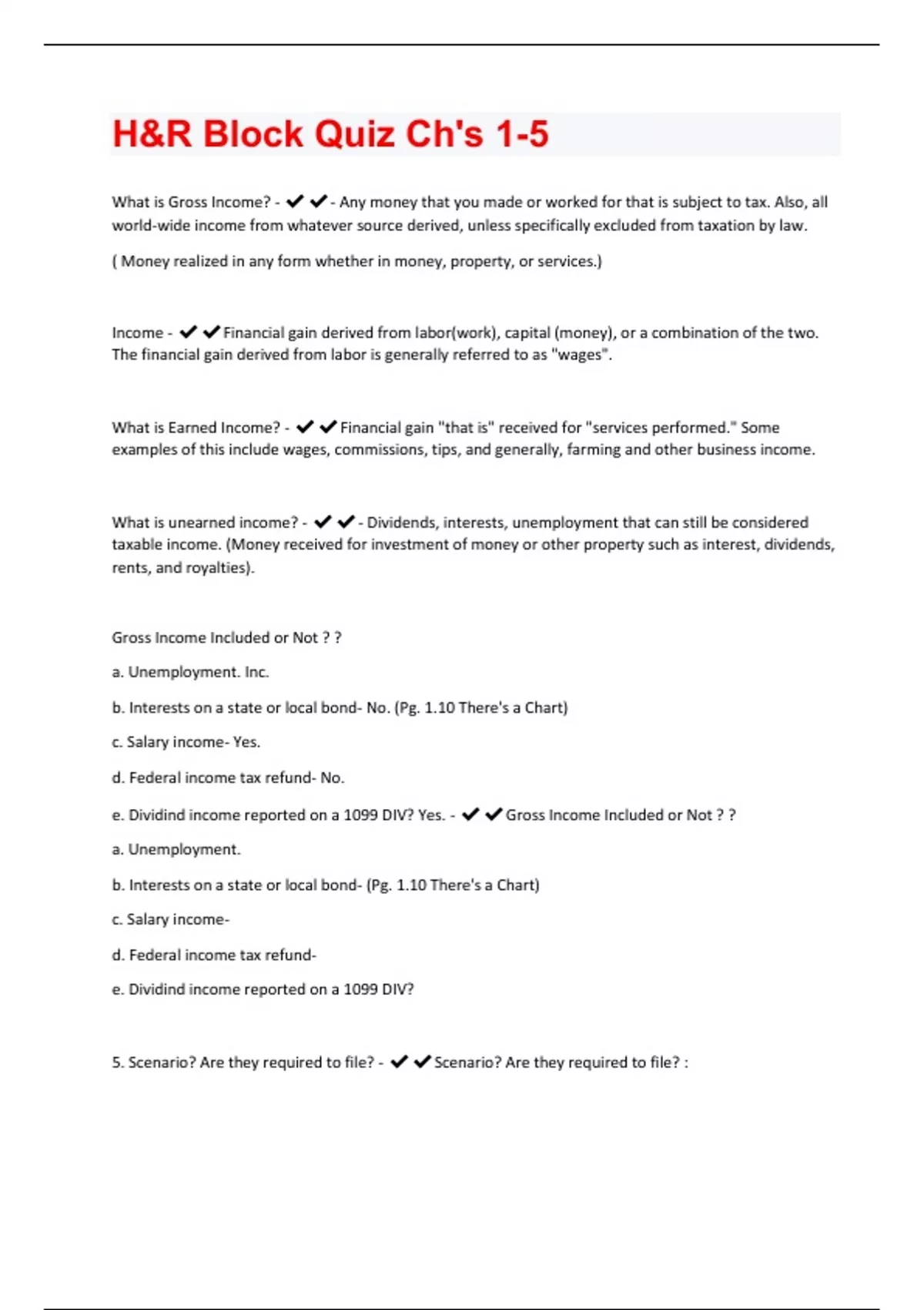 H&R Block Quiz Ch's 1-5 Questions And Answers Already Graded A+ - H&R ...