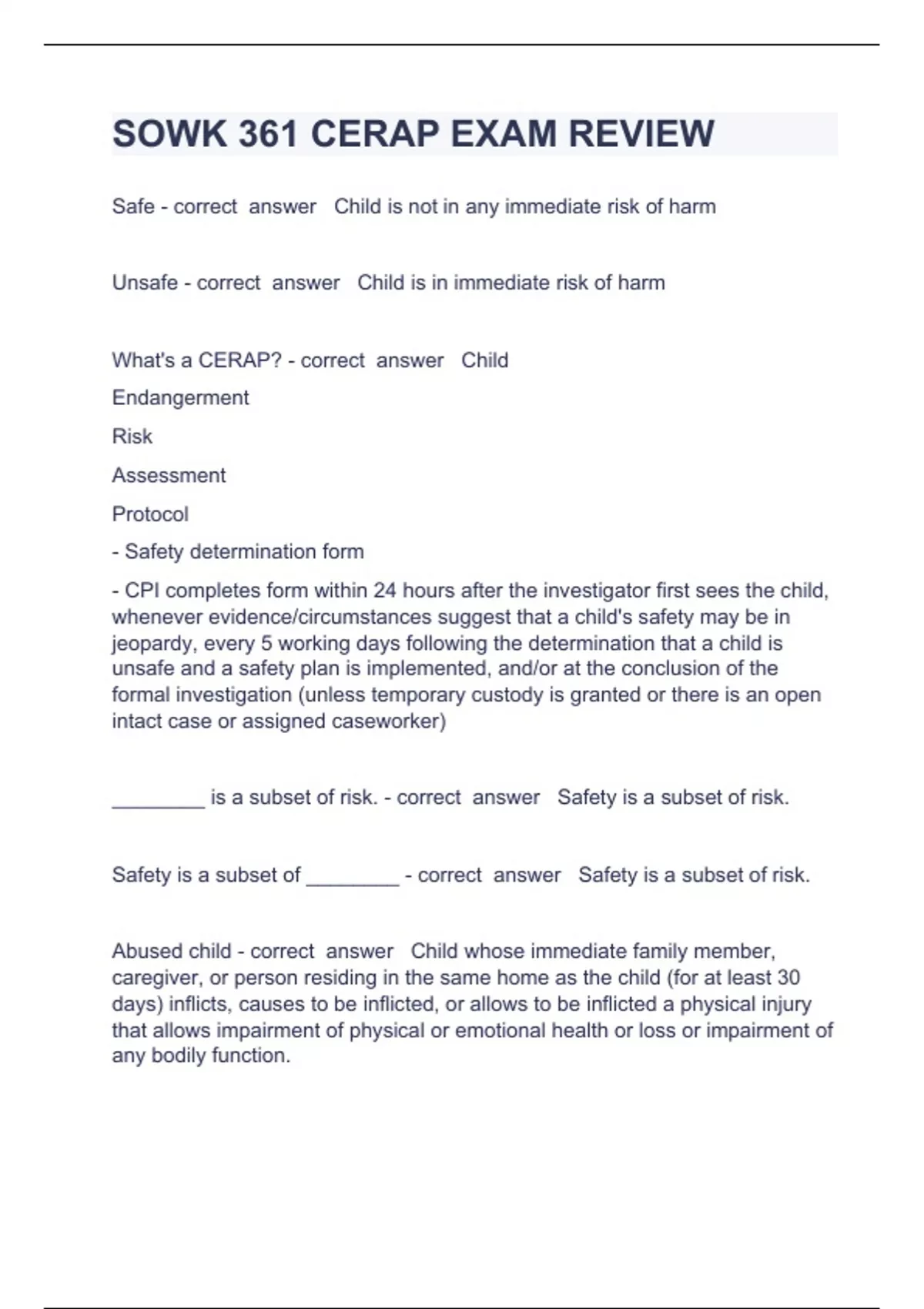 SOWK 361 CERAP EXAM REVIEW Question and answers rated A+ 2023/2024 ...