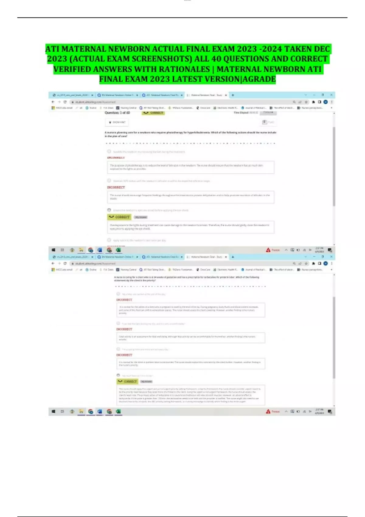 ATI MATERNAL NEWBORN ACTUAL FINAL EXAM TAKEN DEC 2023 (ACTUAL EXAM SCREENSHOTS) ALL 40 QUESTIONS ...