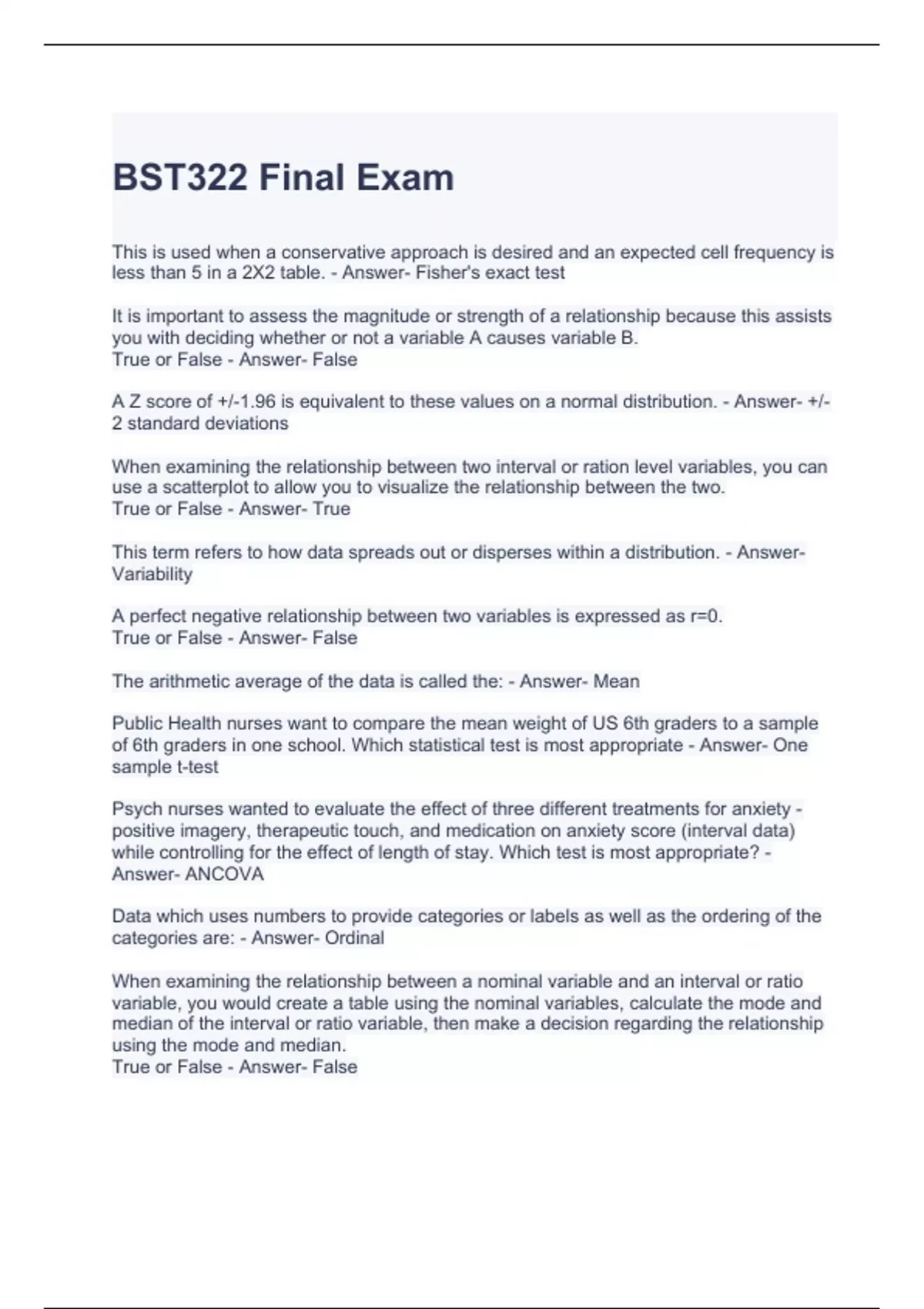 BST322 Final Exam with complete solutions - BST 322 - Stuvia US