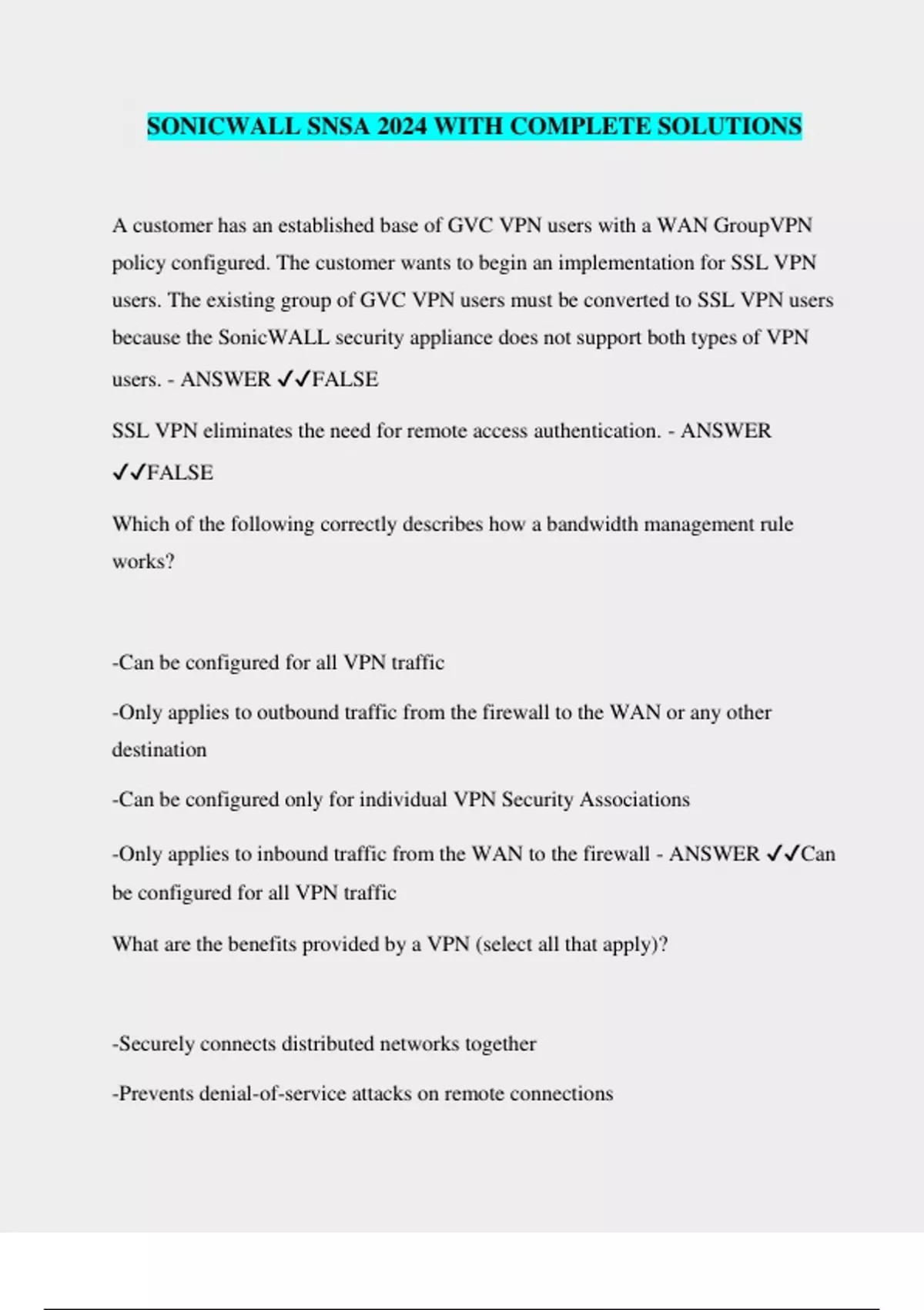 SONICWALL SNSA 2024 WITH COMPLETE SOLUTIONS - ONICWALL SNSA - Stuvia US