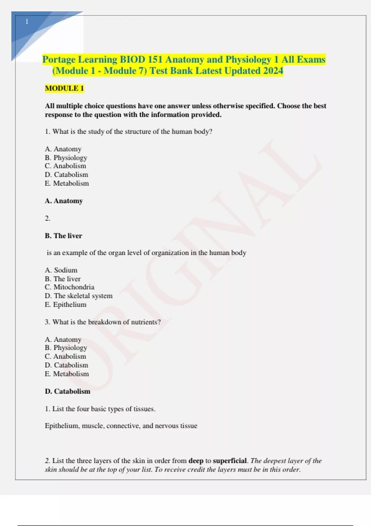 Portage Learning BIOD 151 Anatomy and Physiology 1 All Exams (Module 1 ...