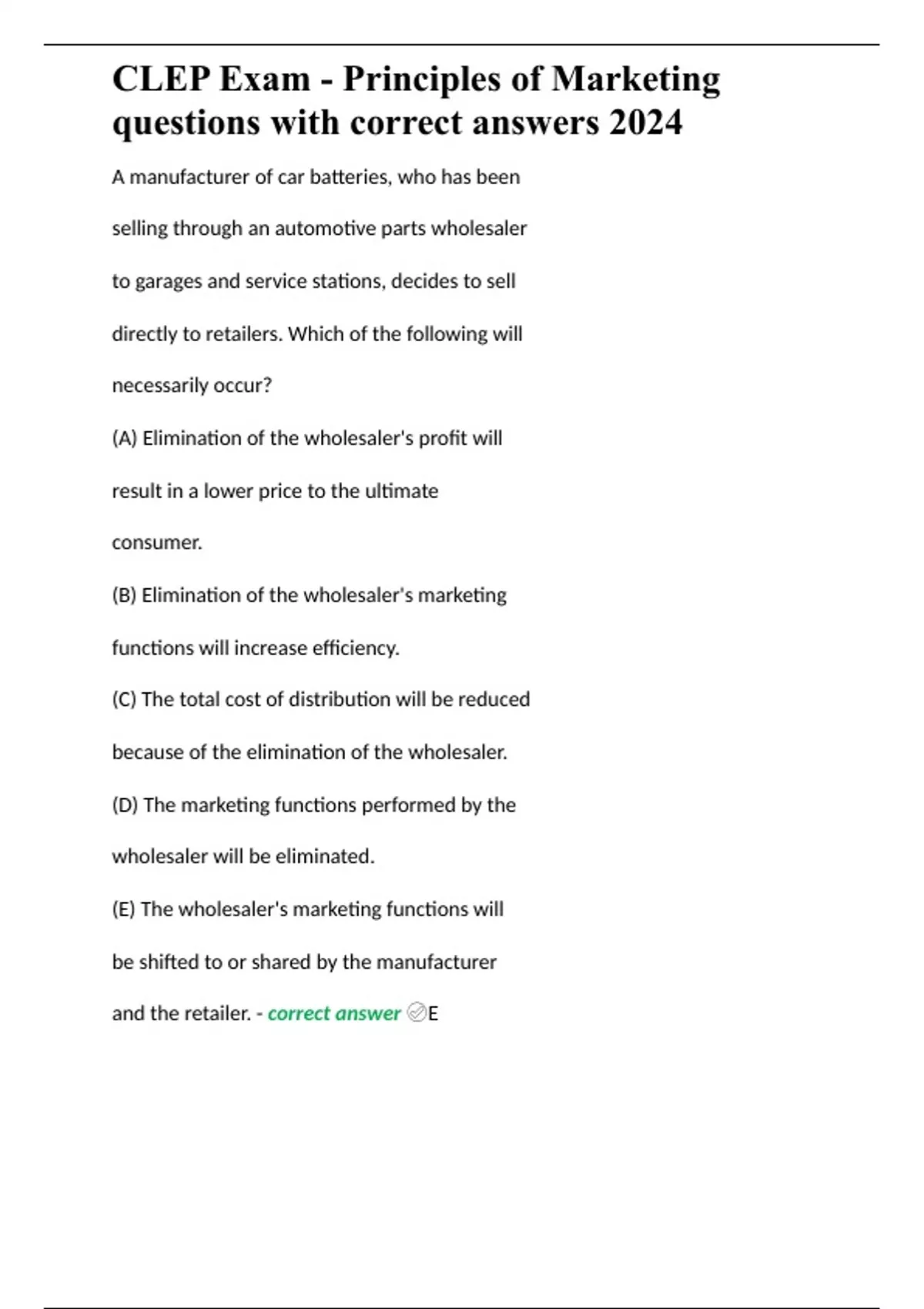 Summary Principles of Marketing CLEP - Sample questions and answers ...