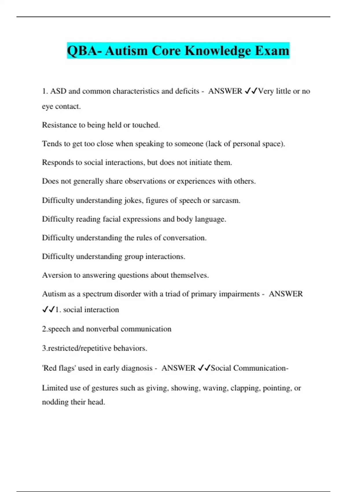 QBA- Autism Core Knowledge Exam - QASP Autism Core - Stuvia US