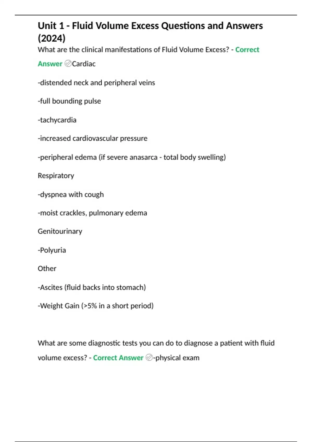 Unit 1 - Fluid Volume Excess Questions and Answers (2024) - Unit 1 ...