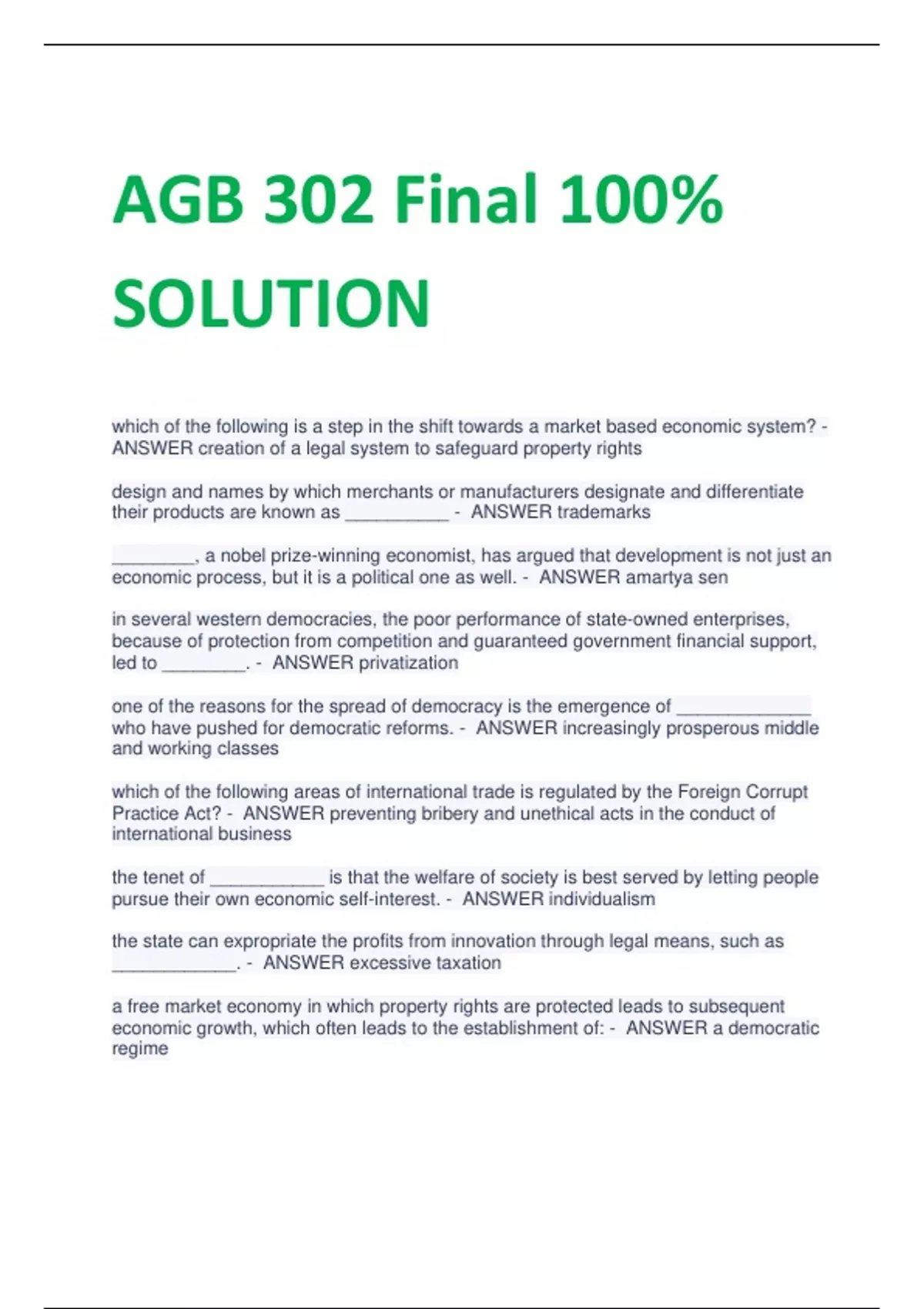 AGB 302 Final 100% SOLUTION QUESTIONS AND ANSWERS - AGB 302 - Stuvia US