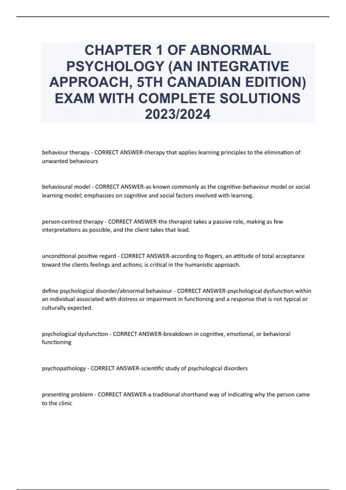 CHAPTER 1 OF ABNORMAL PSYCHOLOGY (AN INTEGRATIVE APPROACH, 5TH CANADIAN ...