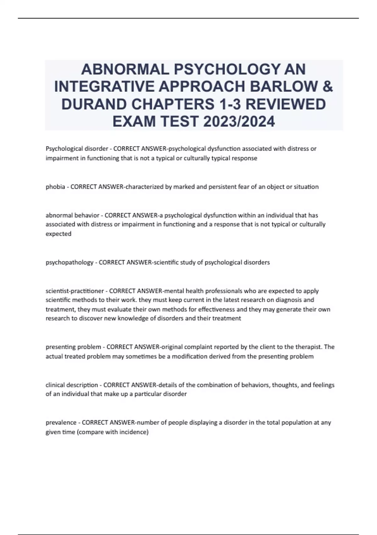 ABNORMAL PSYCHOLOGY AN INTEGRATIVE APPROACH BARLOW & DURAND CHAPTERS 1 ...