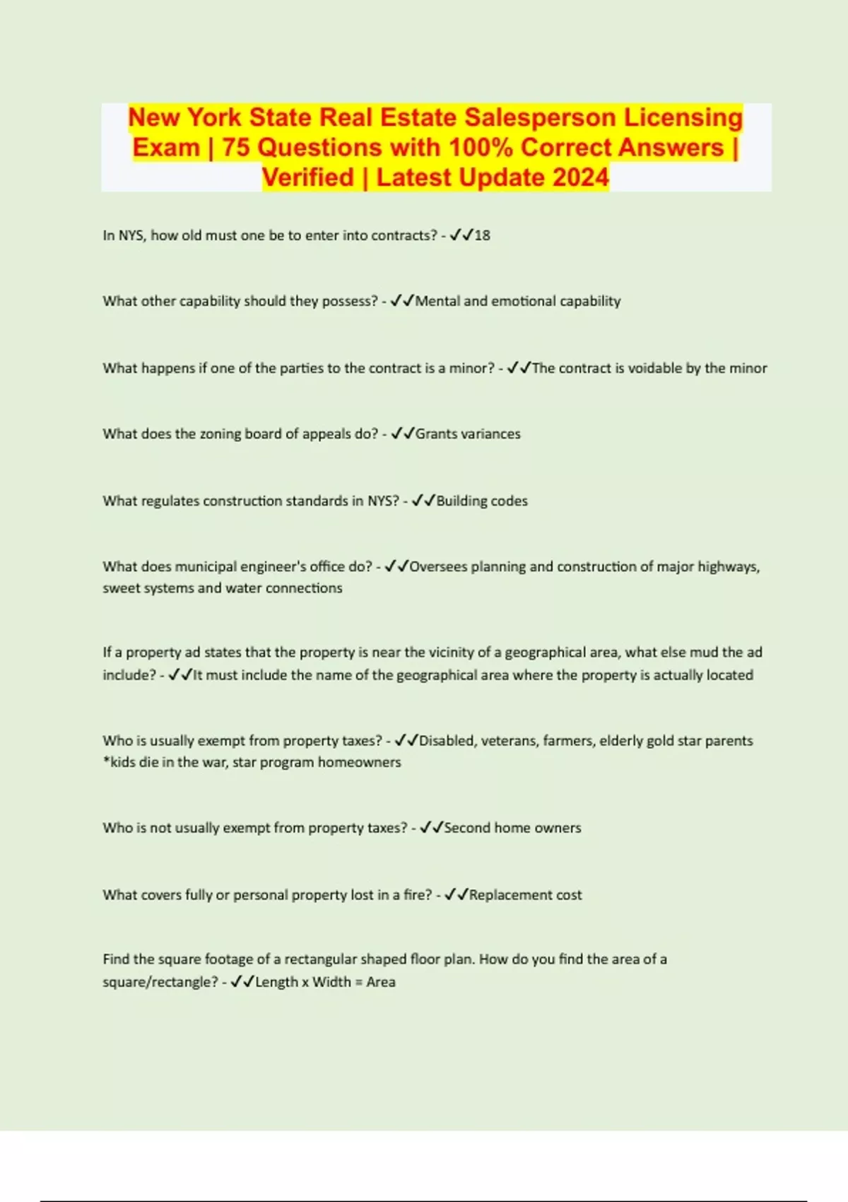 New York State Real Estate Salesperson Licensing Exam | 75 Questions ...