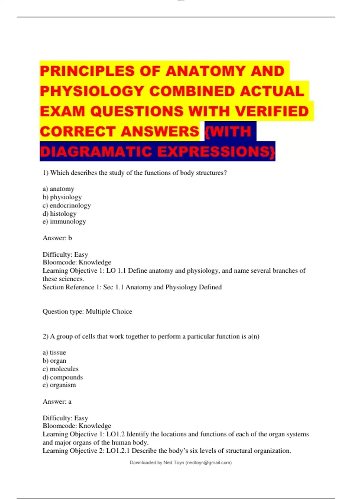 PRINCIPLES OF ANATOMY AND PHYSIOLOGY COMBINED ACTUAL EXAM QUESTIONS ...