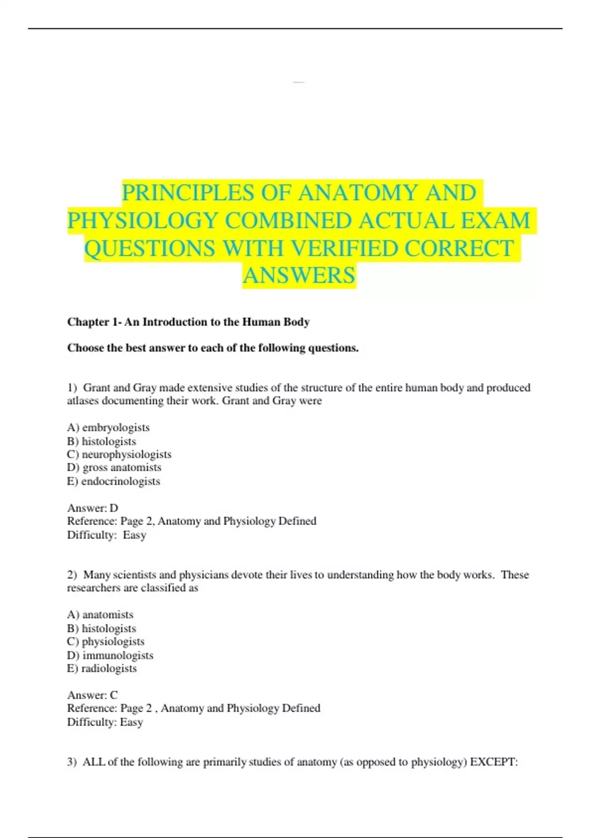 PRINCIPLES OF ANATOMY AND PHYSIOLOGY COMBINED ACTUAL EXAM QUESTIONS ...