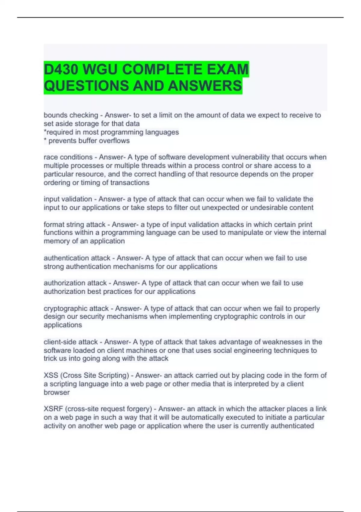 D430 WGU COMPLETE EXAM QUESTIONS AND ANSWERS | - D430 - Stuvia US