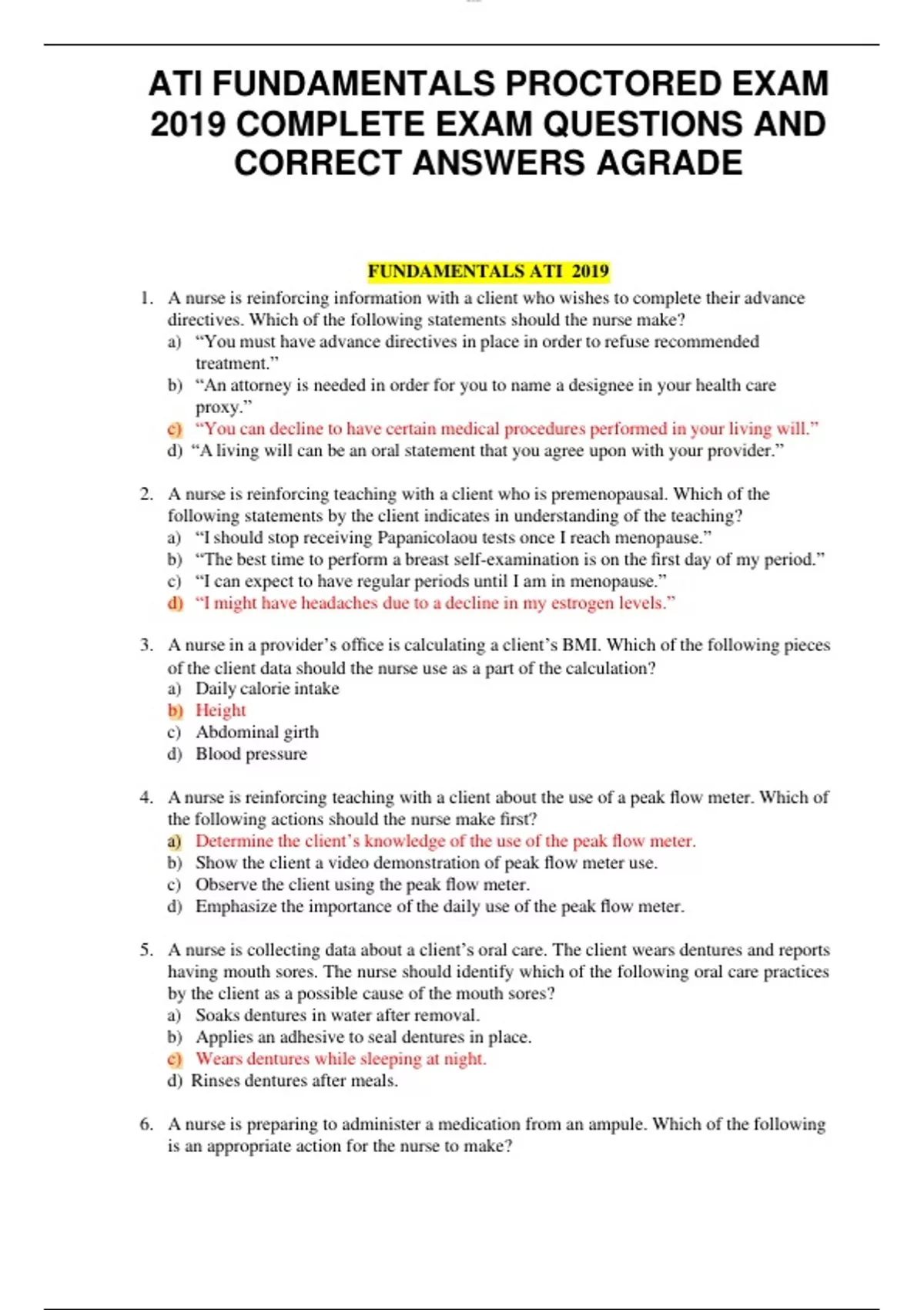 ATI FUNDAMENTALS PROCTORED EXAM 2019 COMPLETE EXAM QUESTIONS AND ...