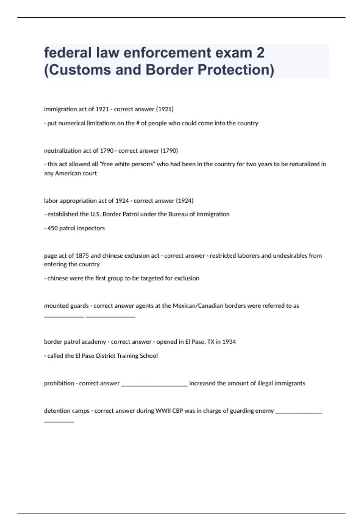 federal law enforcement exam 2 (Customs and Border Protection) Question ...