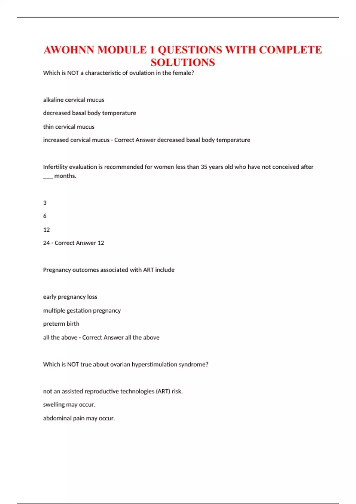 AWOHNN MODULE 1 QUESTIONS WITH COMPLETE SOLUTIONS - AWOHNN - Stuvia US