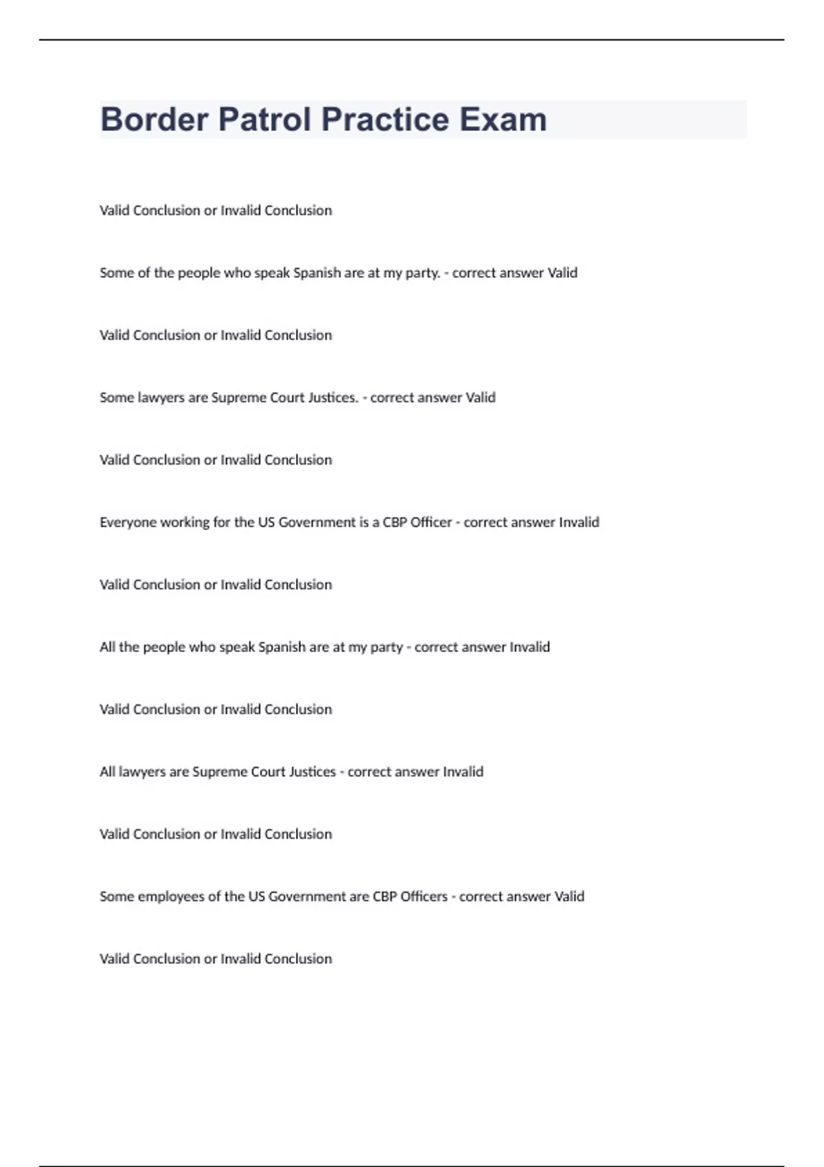 Border Patrol Practice Exam Question and answers rated A+ 2023/2024 ...
