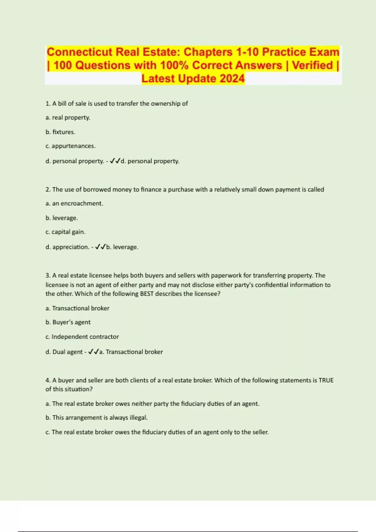 Connecticut Real Estate: Chapters 1-10 Practice Exam | 100 Questions ...
