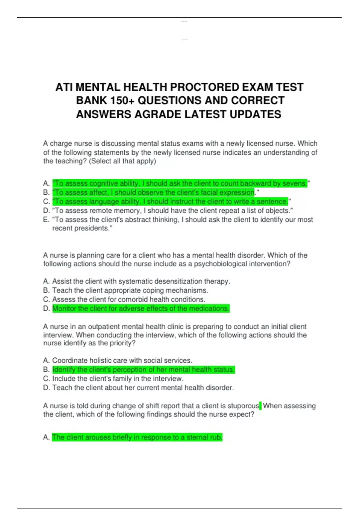 ATI MENTAL HEALTH PROCTORED EXAM TEST BANK 150+ QUESTIONS AND CORRECT ...