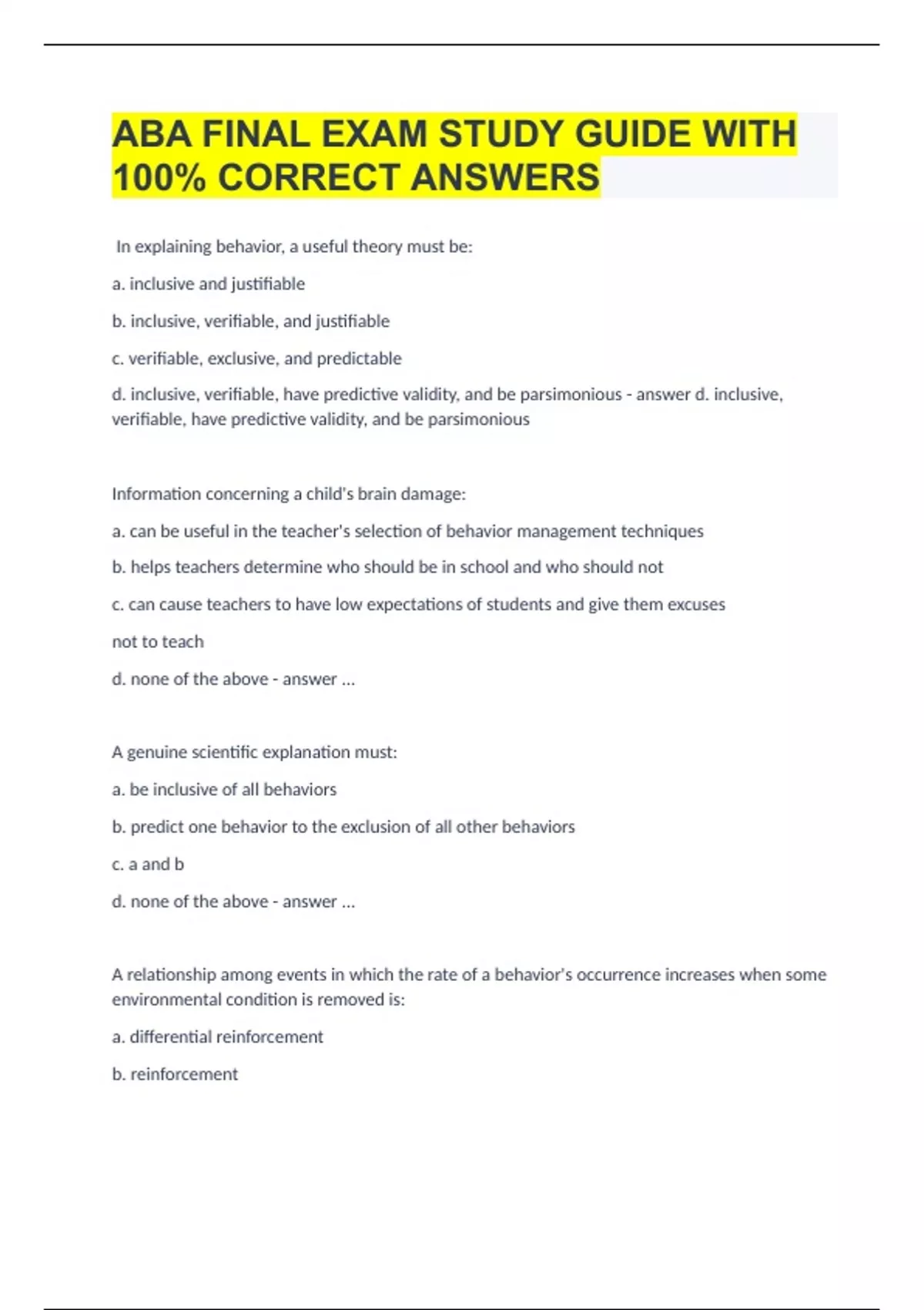ABA FINAL EXAM STUDY GUIDE WITH 100% CORRECT ANSWERS. - ABA - Stuvia US