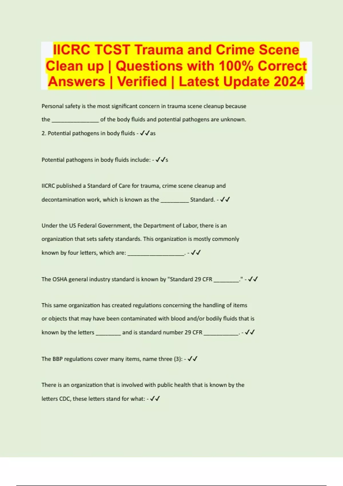 IICRC TCST Trauma and Crime Scene Clean up | Questions with 100% ...