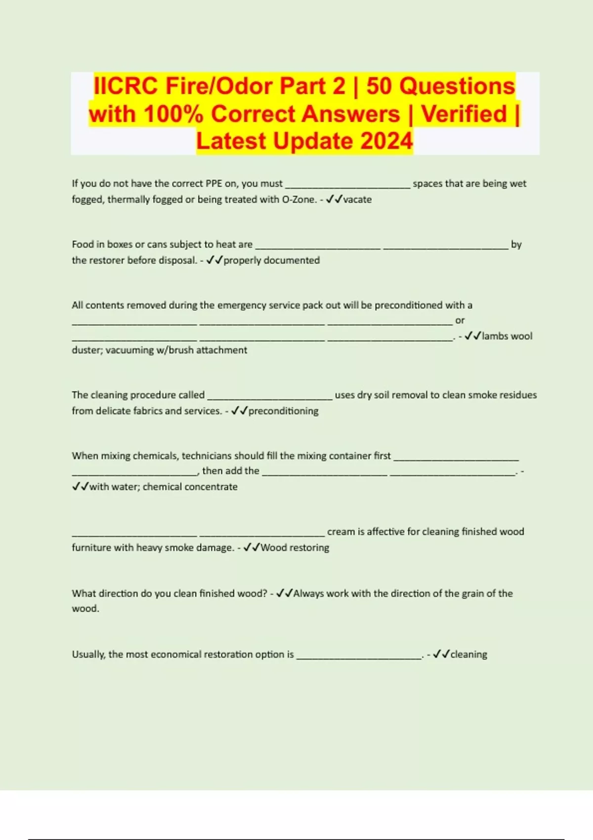 IICRC Fire/Odor Part 2 | 50 Questions with 100% Correct Answers ...