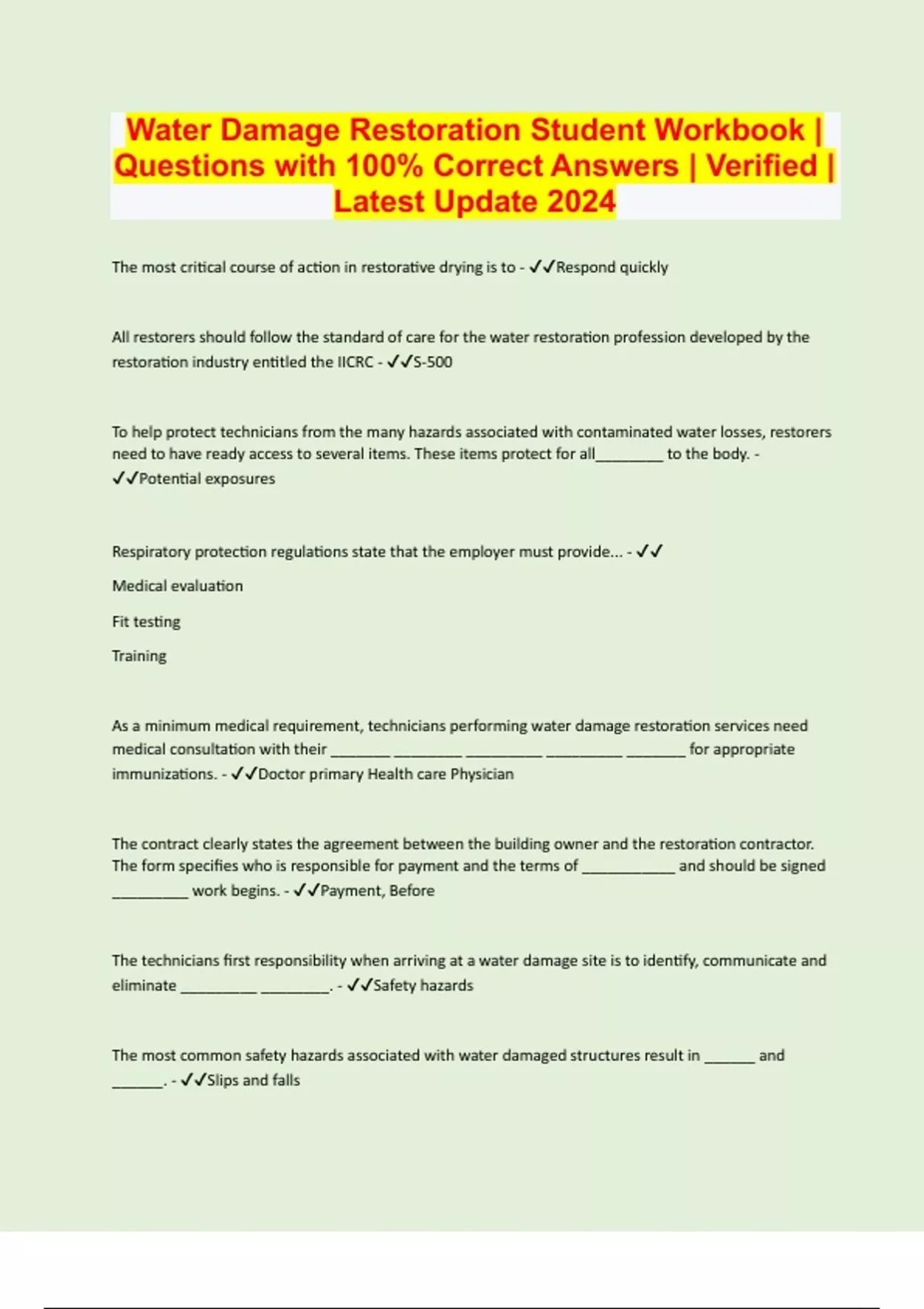 Water Damage Restoration Student Workbook | Questions with 100% Correct ...