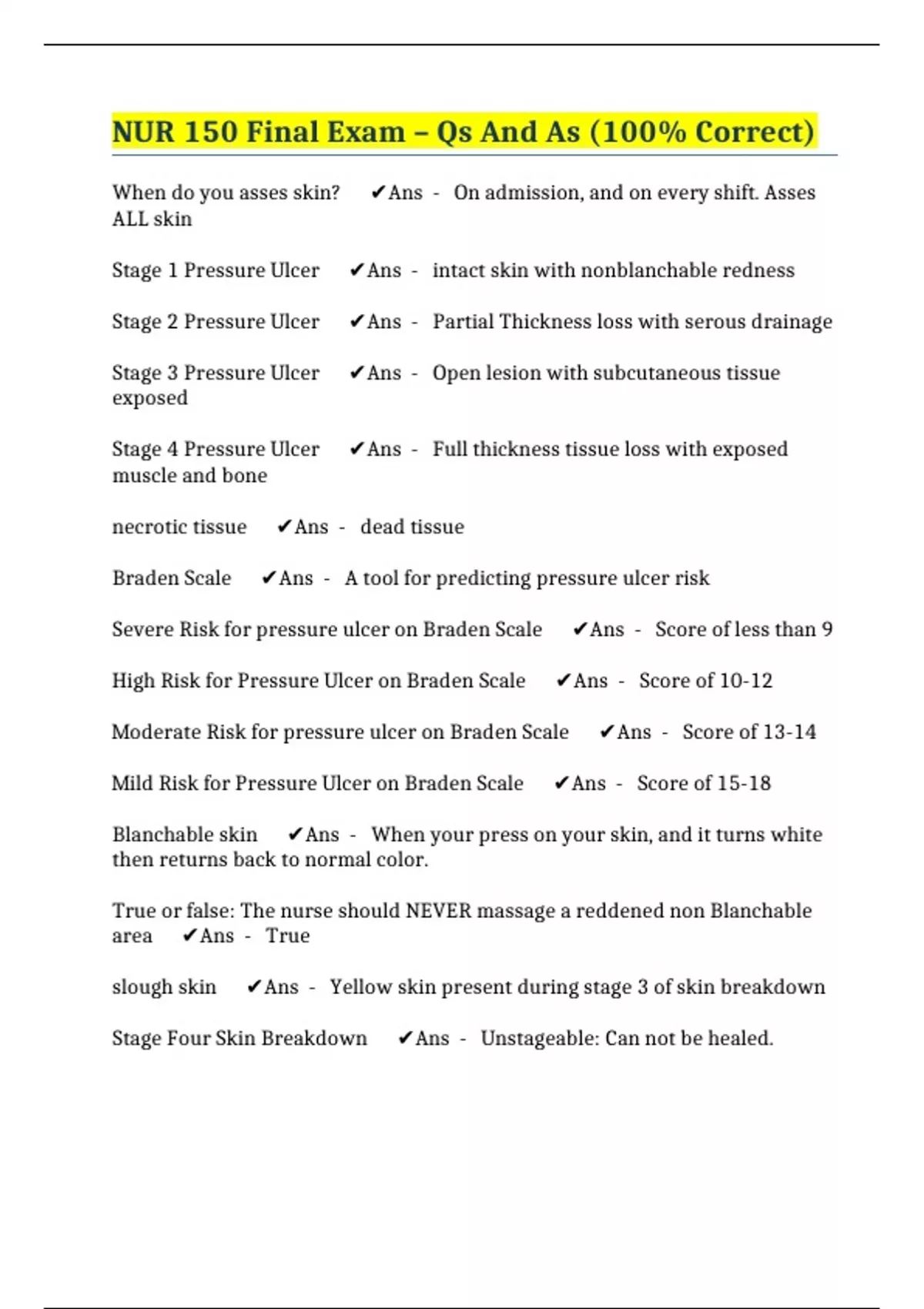 NUR 150 Final Exam – Qs And As (100% Correct) - NUR 150 - Stuvia US