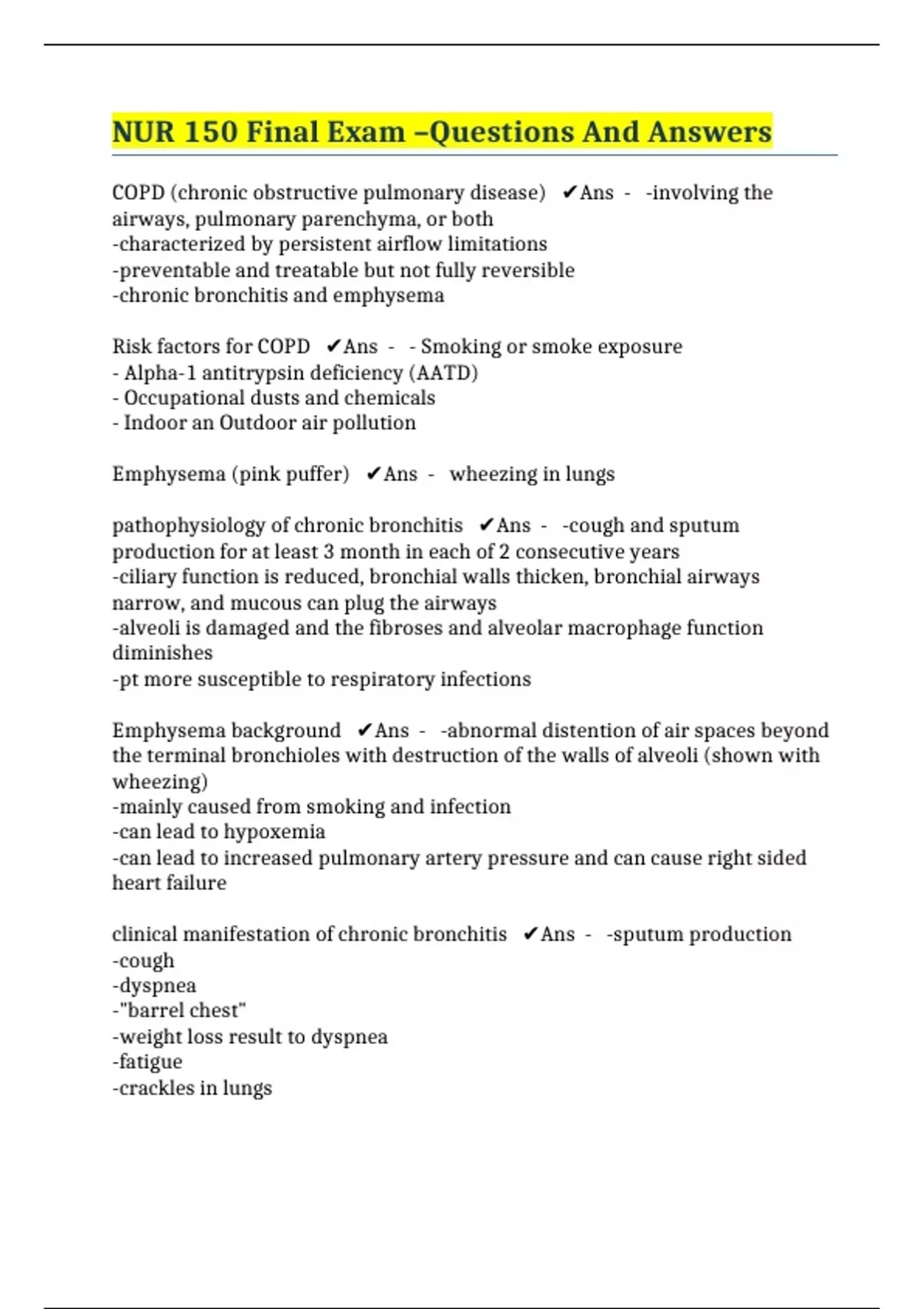 NUR 150 Final Exam –Questions And Answers - NUR 150 - Stuvia US
