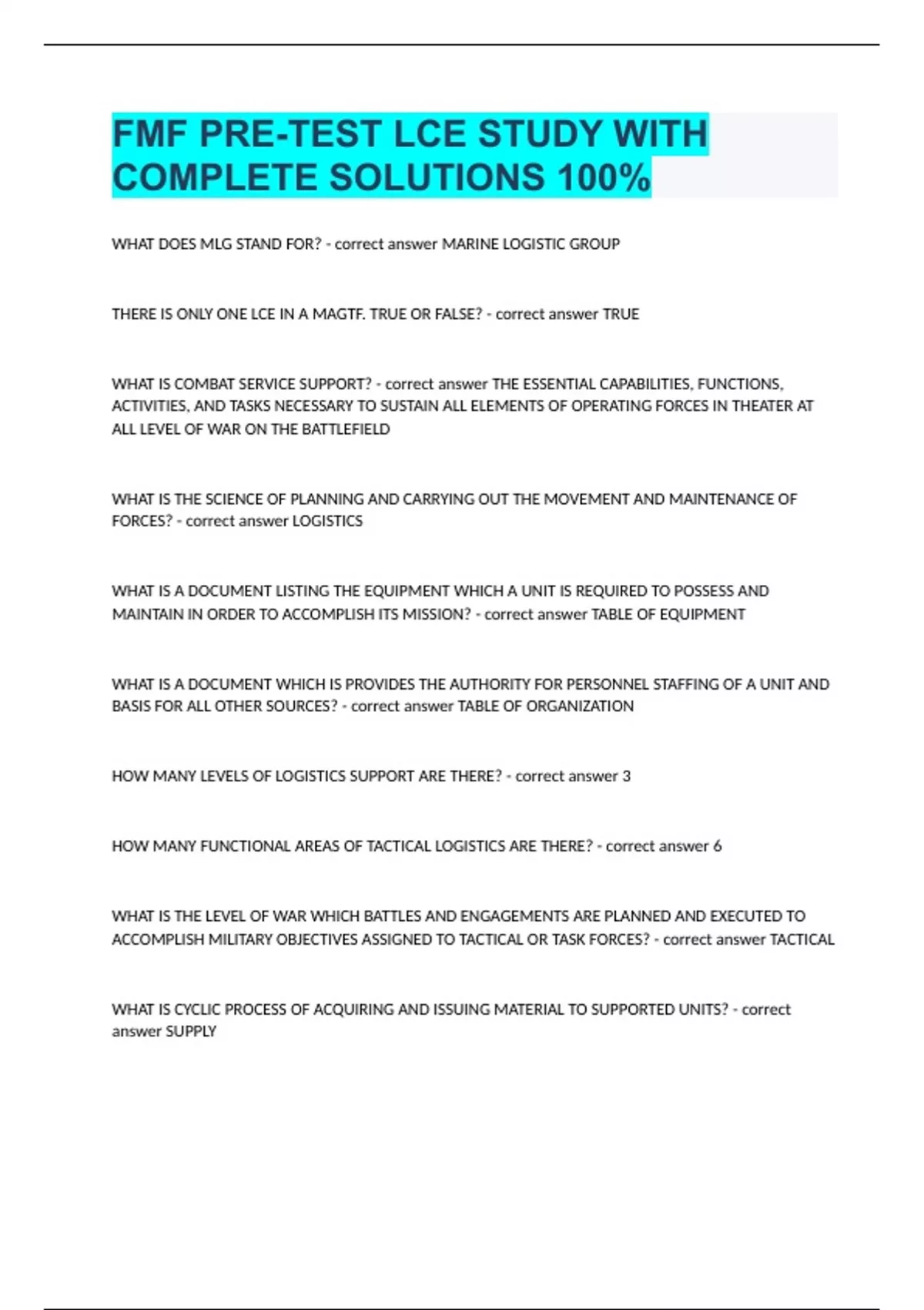 FMF PRE-TEST LCE STUDY WITH COMPLETE SOLUTIONS 100% - FMF - Stuvia US