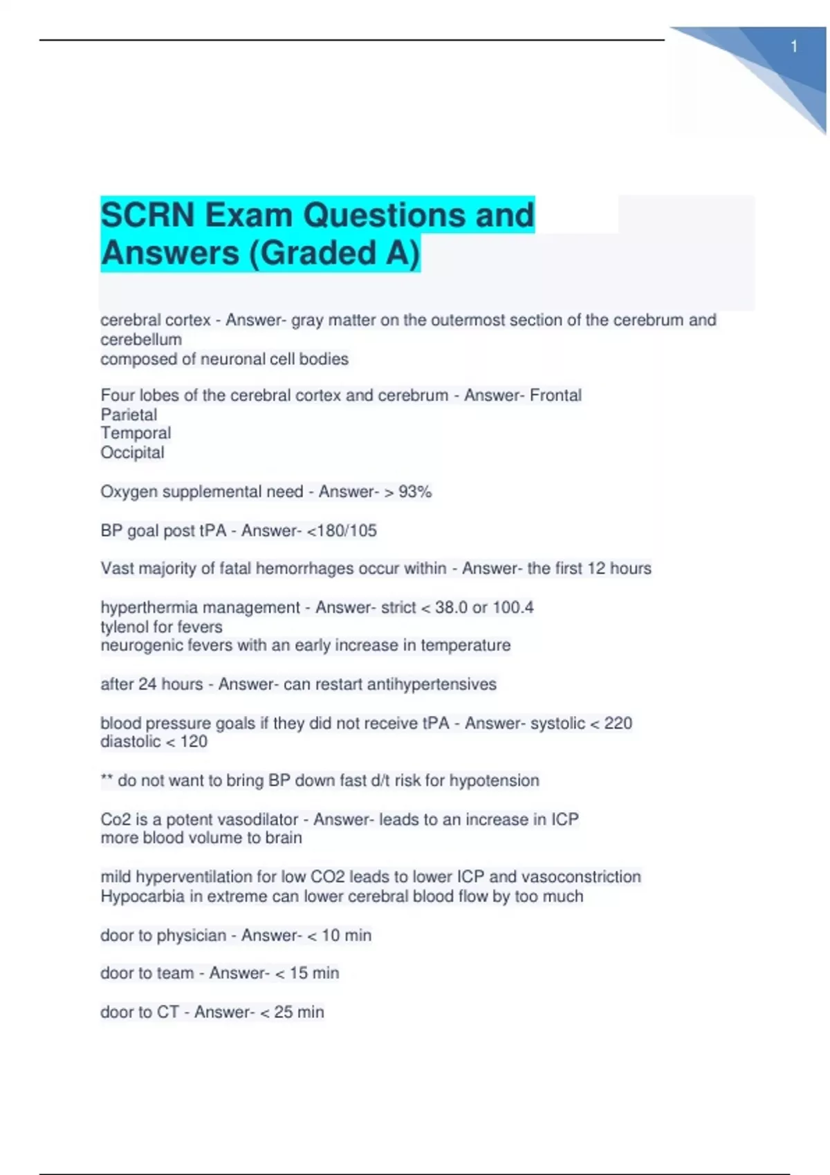 SCRN Exam Questions and Answers (Graded A) Complete solution Download ...