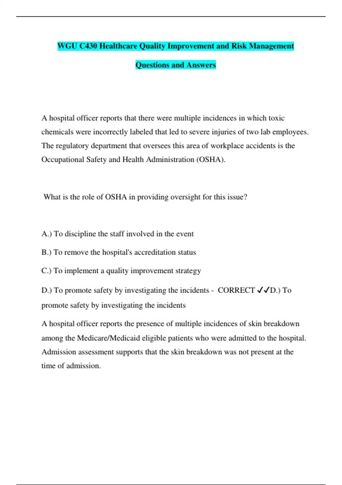 WGU C430 Healthcare Quality Improvement and Risk Management Questions ...