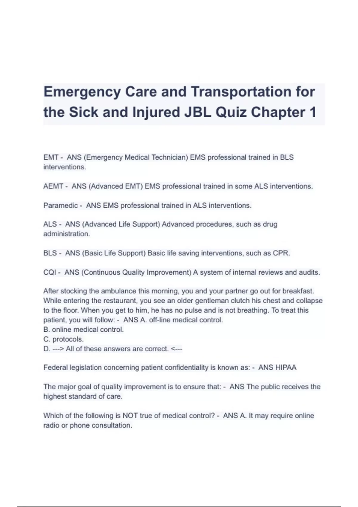 Test Bank for Emergency Care and Transportation for the Sick and ...