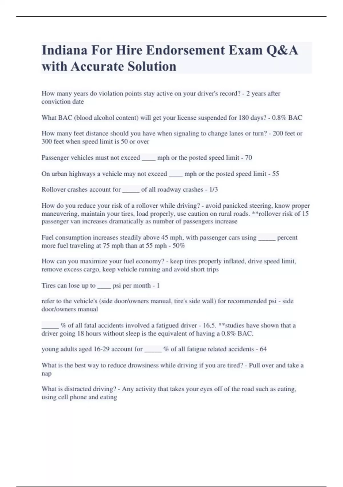 Indiana For Hire Endorsement Exam Q&A with Accurate Solution - Indiana ...