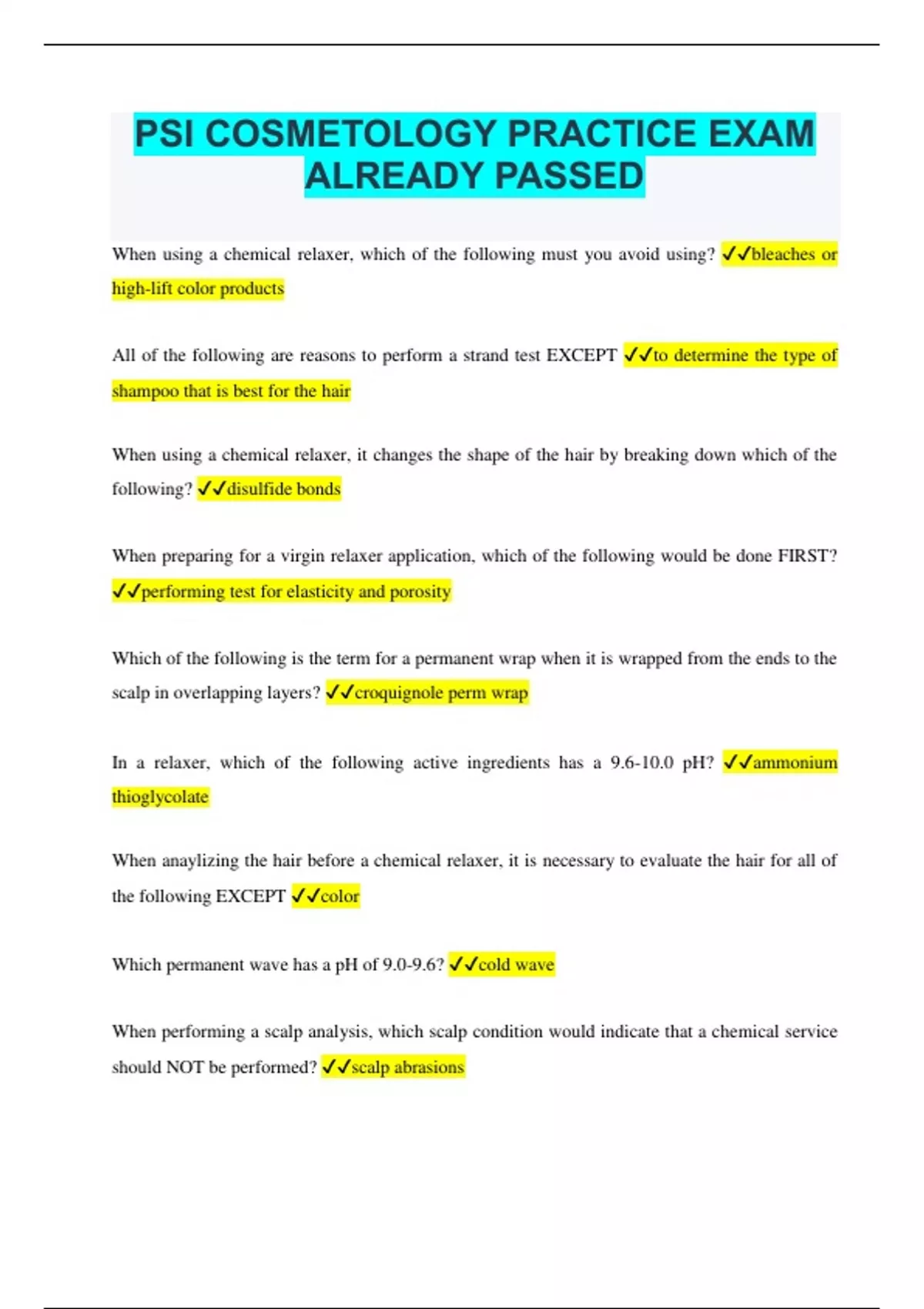 PSI COSMETOLOGY PRACTICE EXAM QUESTIONS WITH CORRECT ANSWERS ALREADY ...