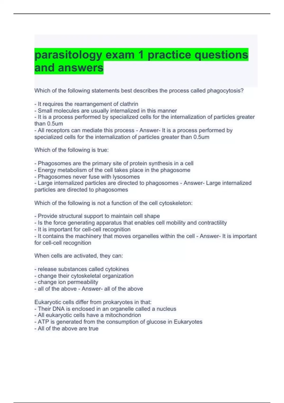 parasitology exam 1 practice questions and answers - Parasitology ...