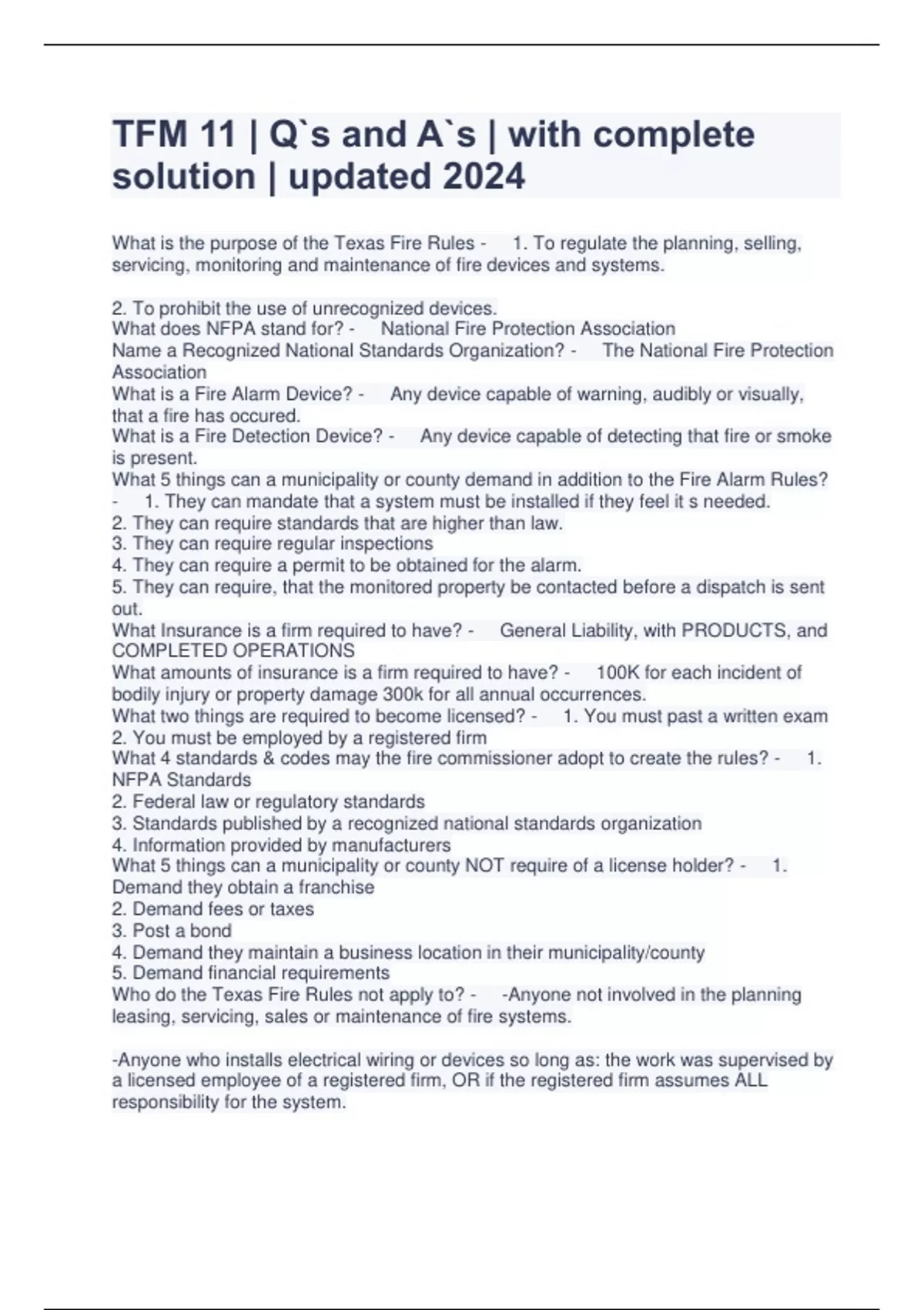 TFM 11 | Q`s and A`s | with complete solution | updated 2024 - TFM 11 - Stuvia US