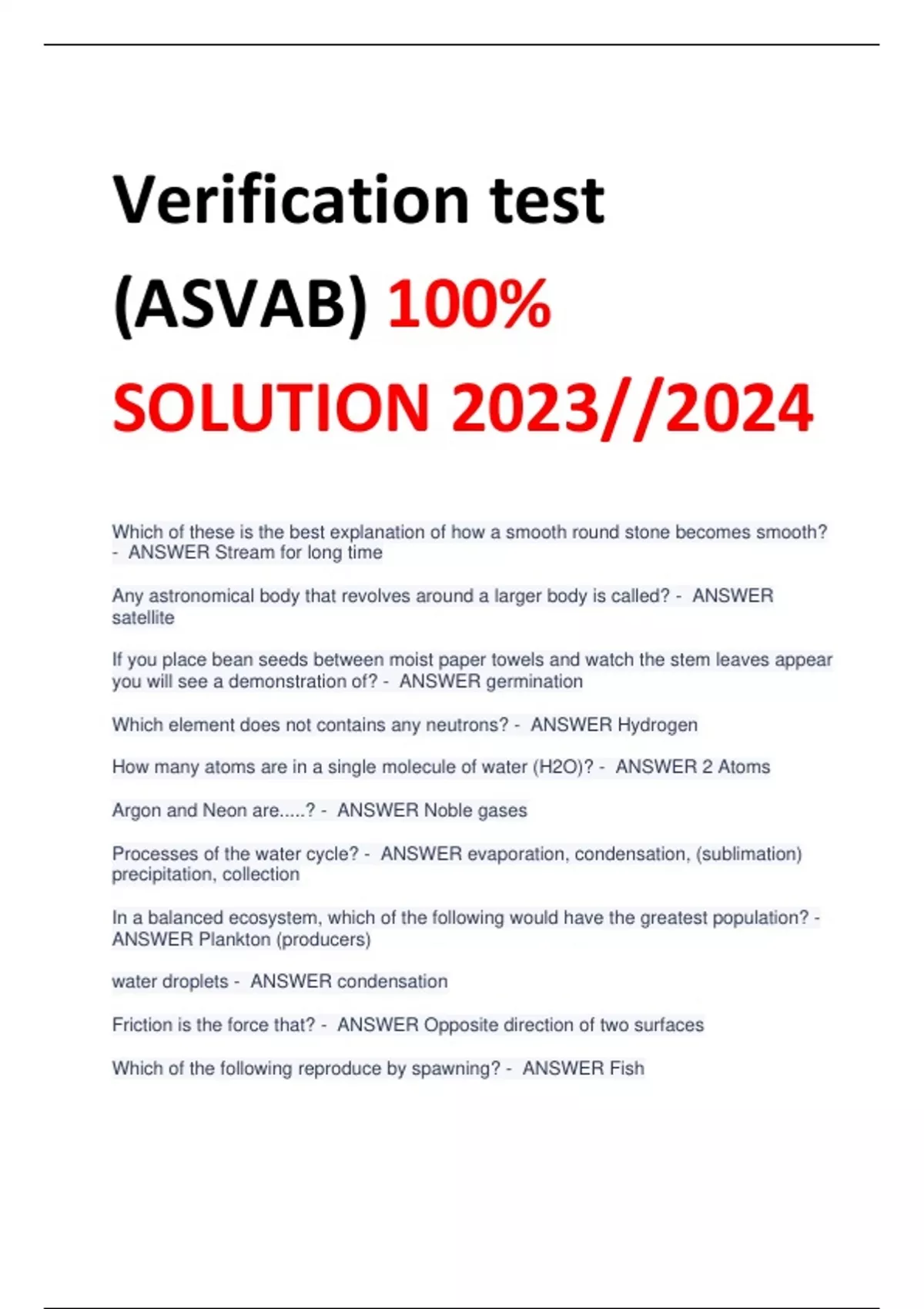 Verification test (ASVAB) 100% SOLUTION 2023//2024 - ASVAB - Stuvia US